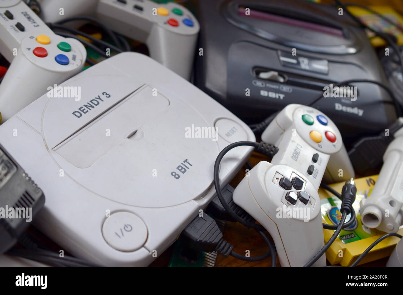 KHARKOV, UKRAINE - SEPTEMBER 18, 2019: Pile of old 8-bit video game ...