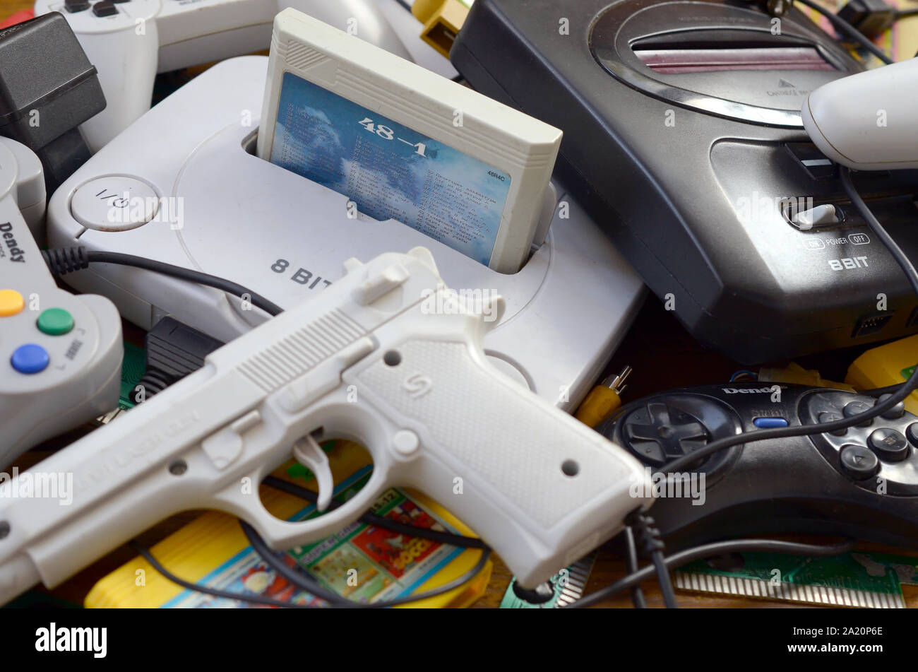 KHARKOV, UKRAINE - SEPTEMBER 18, 2019: Pile of old 8-bit video game ...