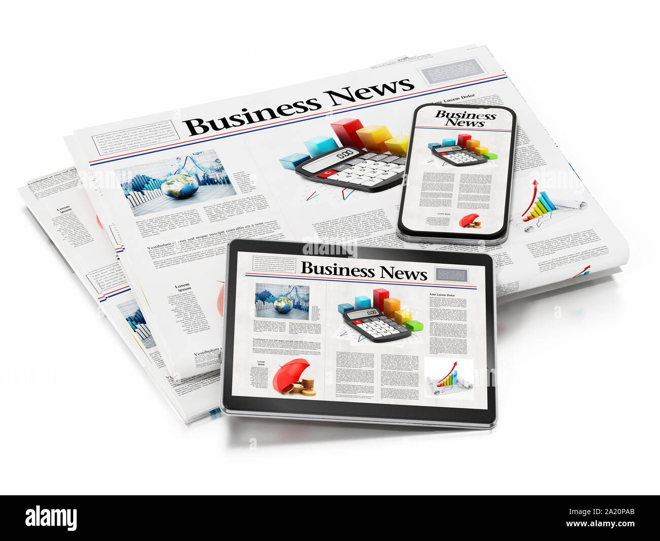 Business newspaper, smartphone and tablet PC isolated on white ...