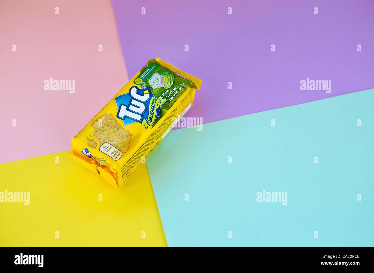 KHARKOV, UKRAINE - SEPTEMBER 23, 2019: Tuc snack pack on bright multi ...