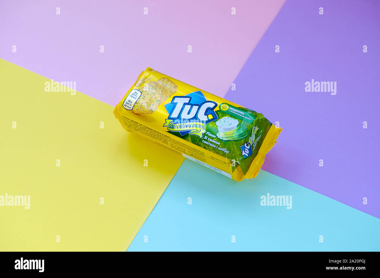 KHARKOV, UKRAINE - SEPTEMBER 23, 2019: Tuc snack pack on bright multi ...