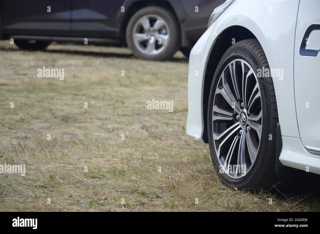 KHARKOV, UKRAINE - AUGUST 31, 2019: Toyota corolla wheel with dunlop ...