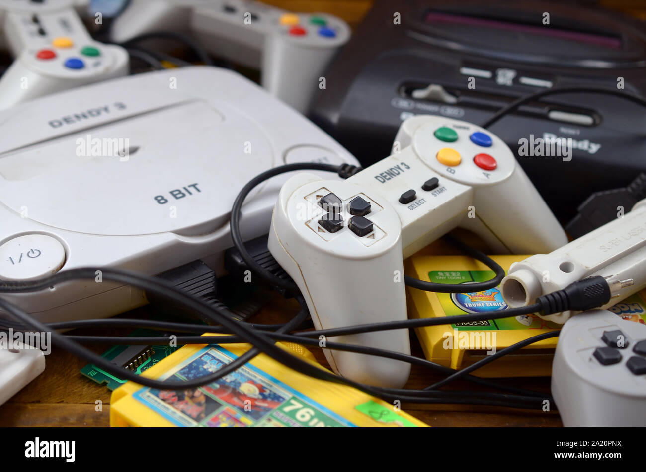 KHARKOV, UKRAINE - SEPTEMBER 18, 2019: Pile of old 8-bit video game ...