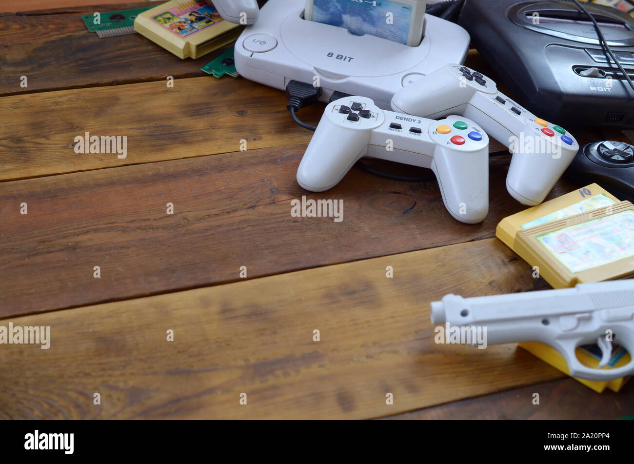 KHARKOV, UKRAINE - SEPTEMBER 18, 2019: Old 8-bit video game console and ...