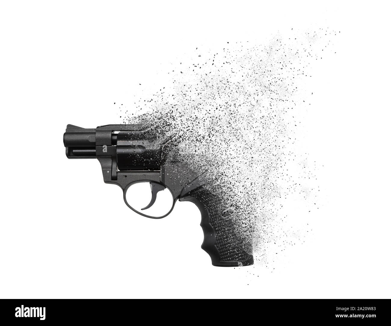 A gun crumbling into particles in space isolate on a white background ...