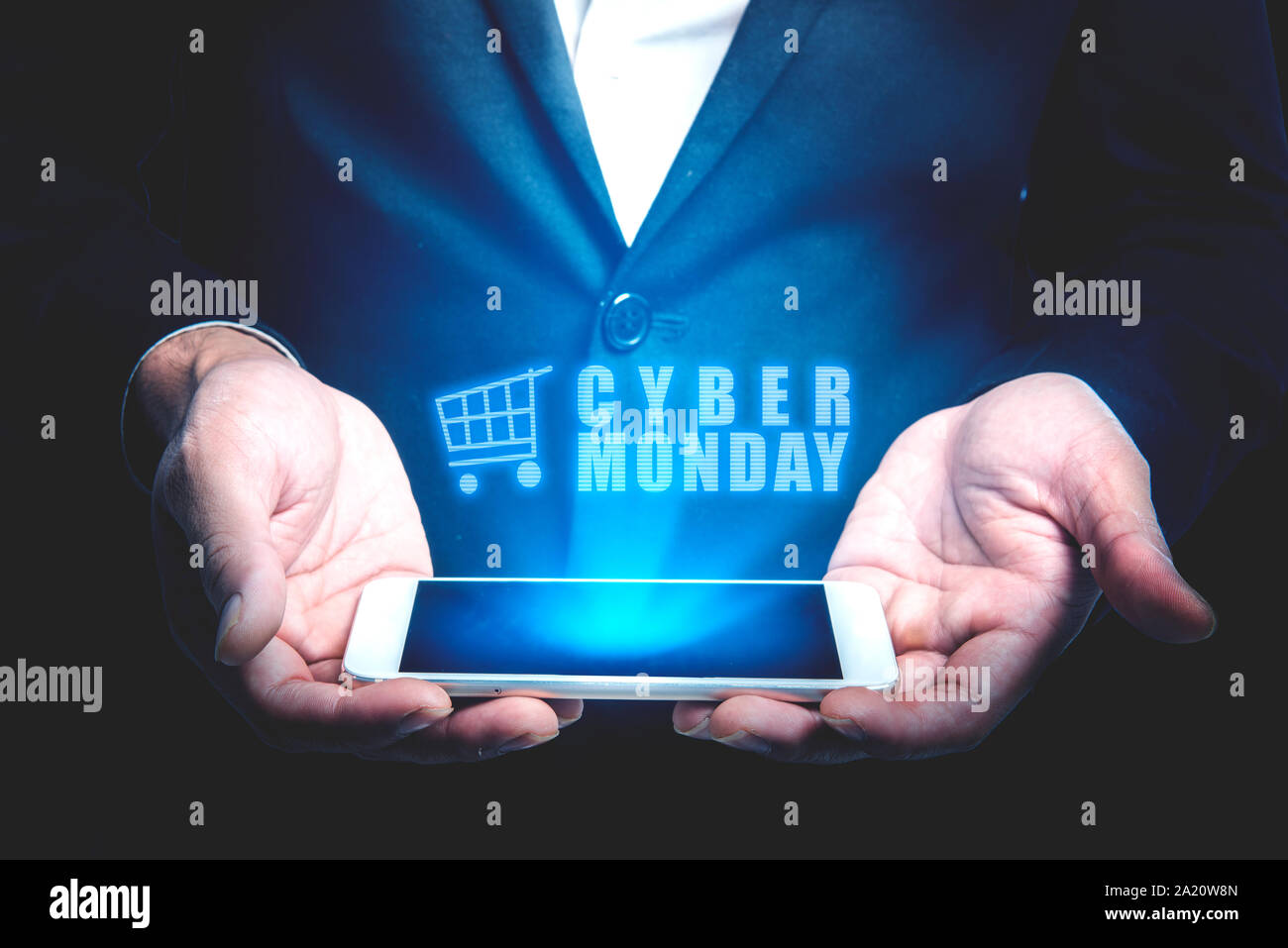 Businessman showing Cyber Monday advert from the phone screen. Cyber ...