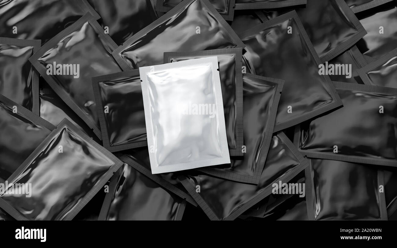 Blank white sachet packet on black big stack mockup Stock Photo - Alamy