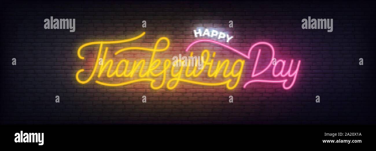 Thanksgiving Day neon. Glowing lettering sign for Thanksgiving ...