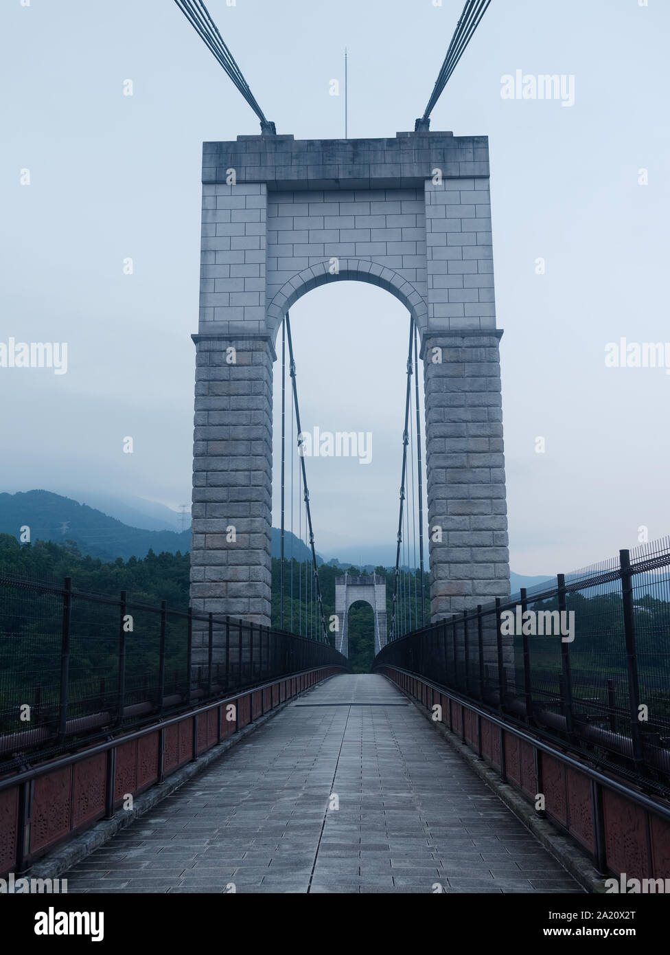 Suspension bridge in the forest at dusk. Photographed at Hadano Togawa ...