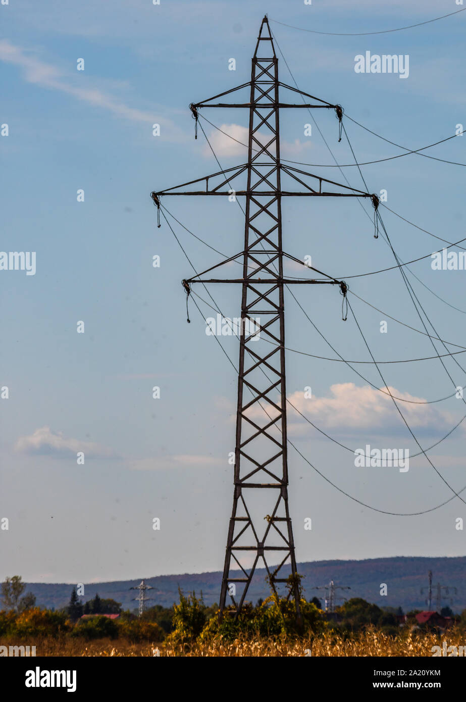 High voltage post, high voltage tower, electric transmission line on ...