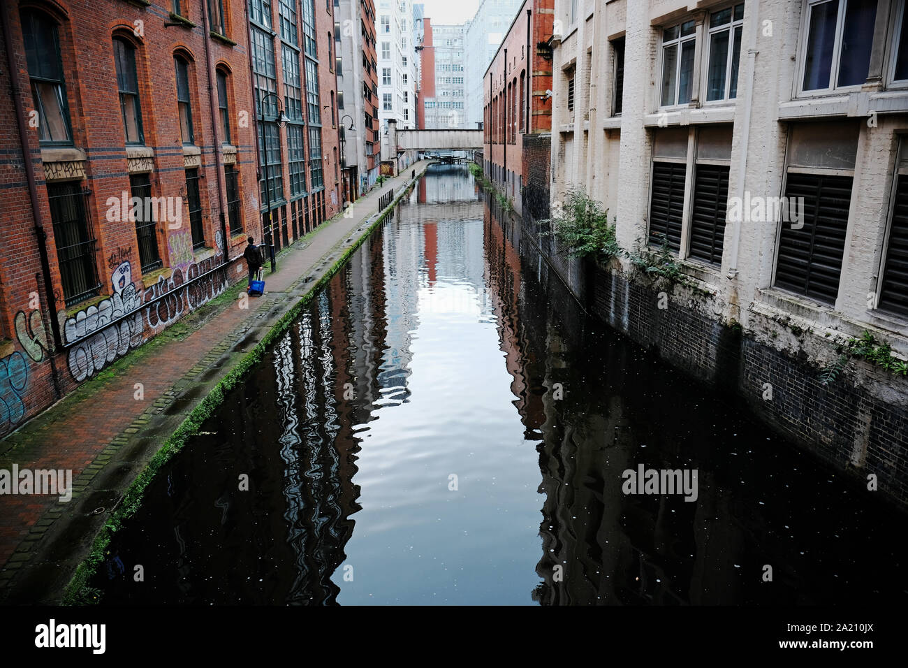Manchester, UK a pedestrian walks along the Rochdale Canal Tow Path ...