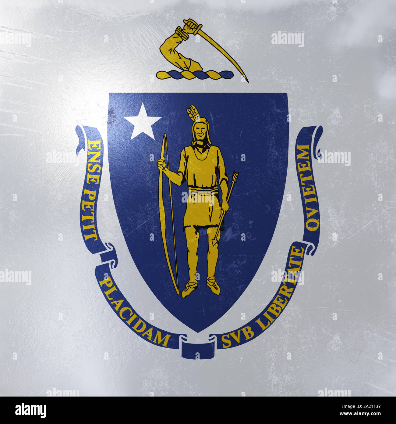 3d rendering of a rusty and old Massachusetts State flag on a metallic ...