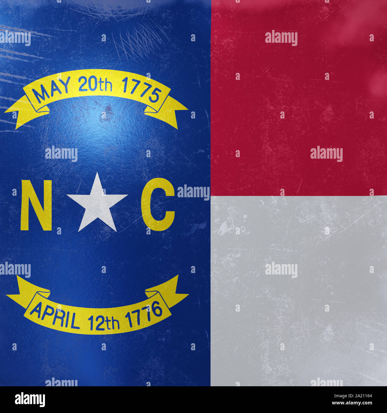 3d rendering of a rusty and old North Carolina State flag on a metallic ...