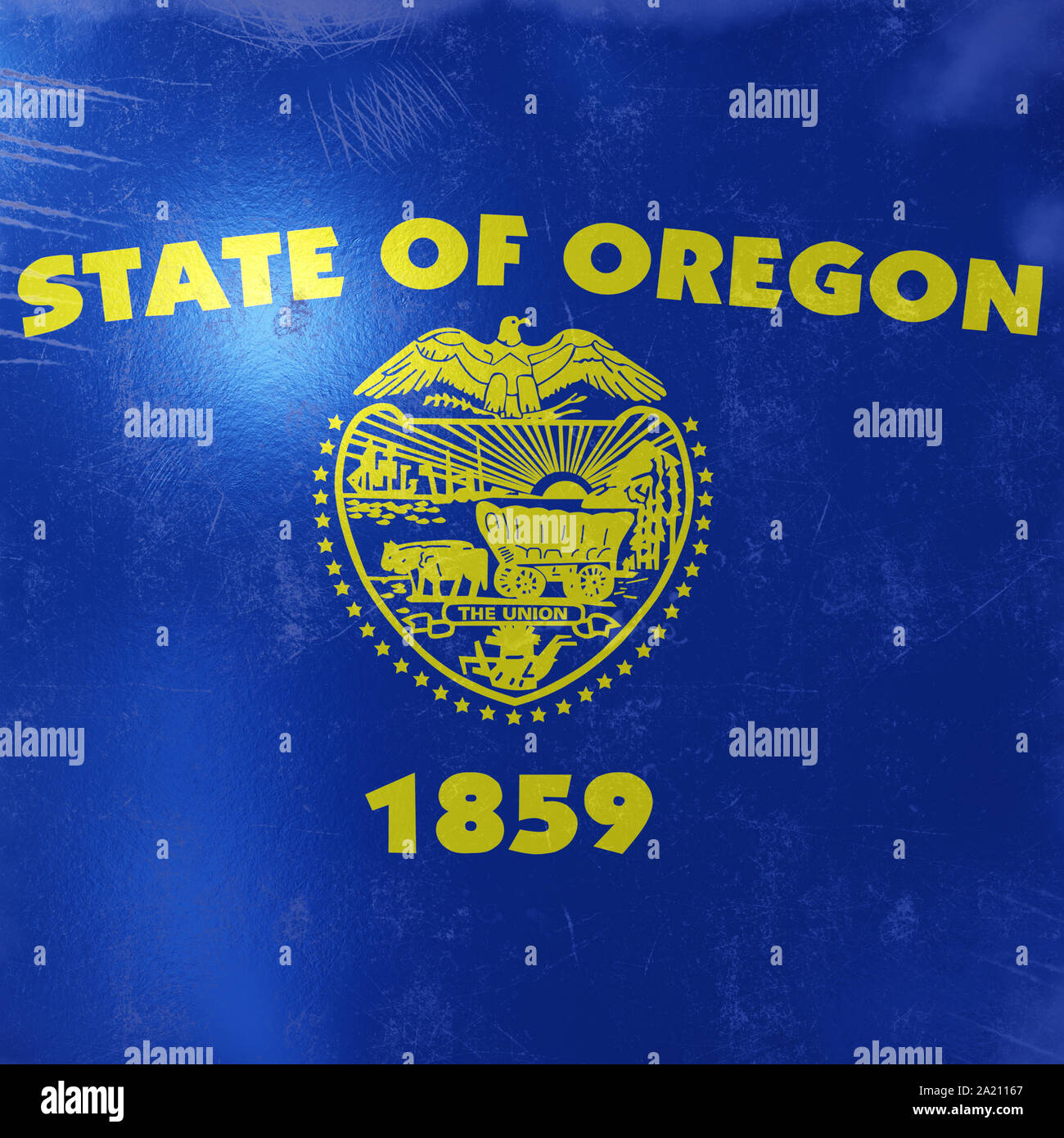 3d rendering of a rusty and old Oregon State flag on a metallic surface ...