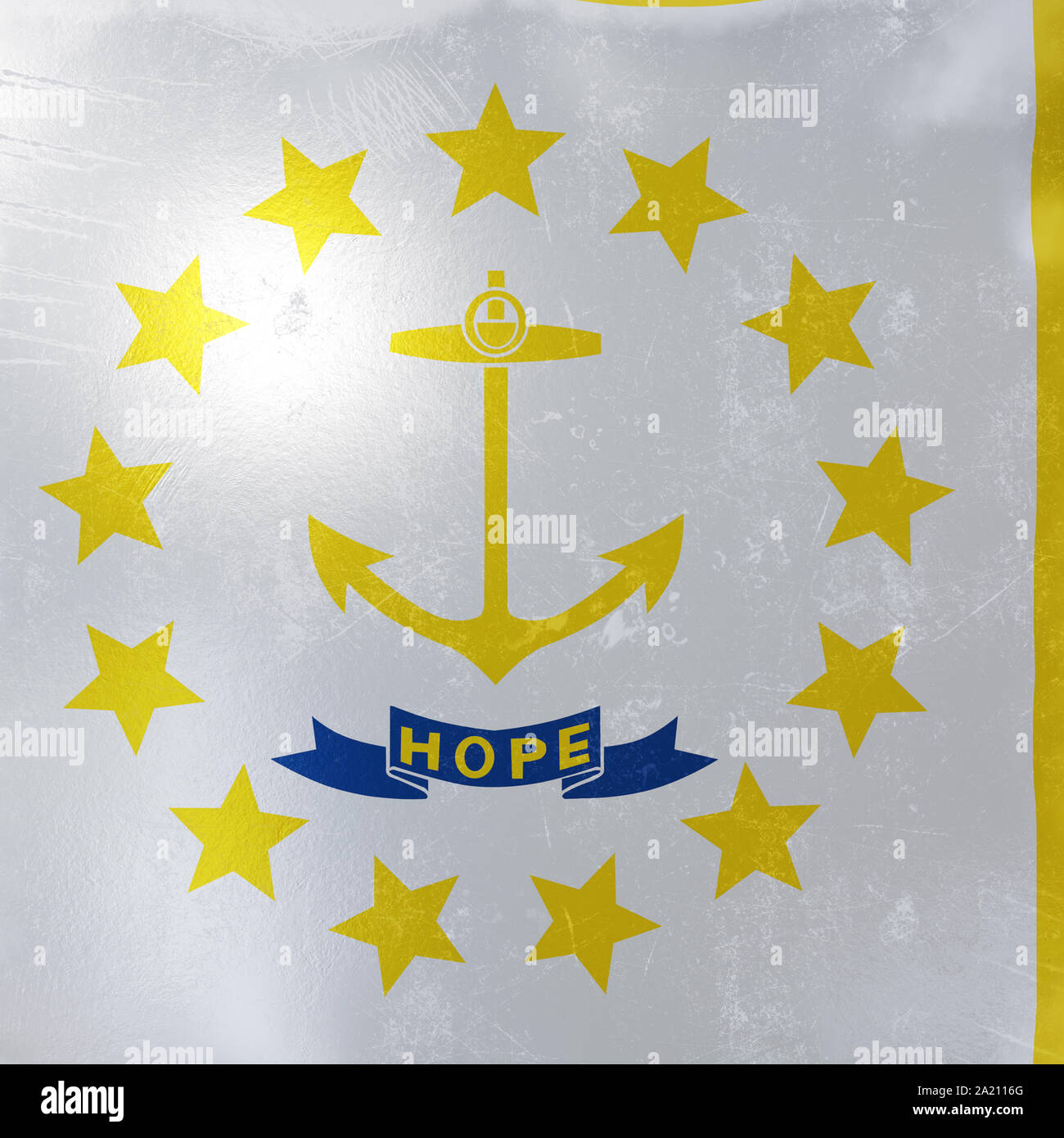 3d rendering of a rusty and old Rhode Island State flag on a metallic ...