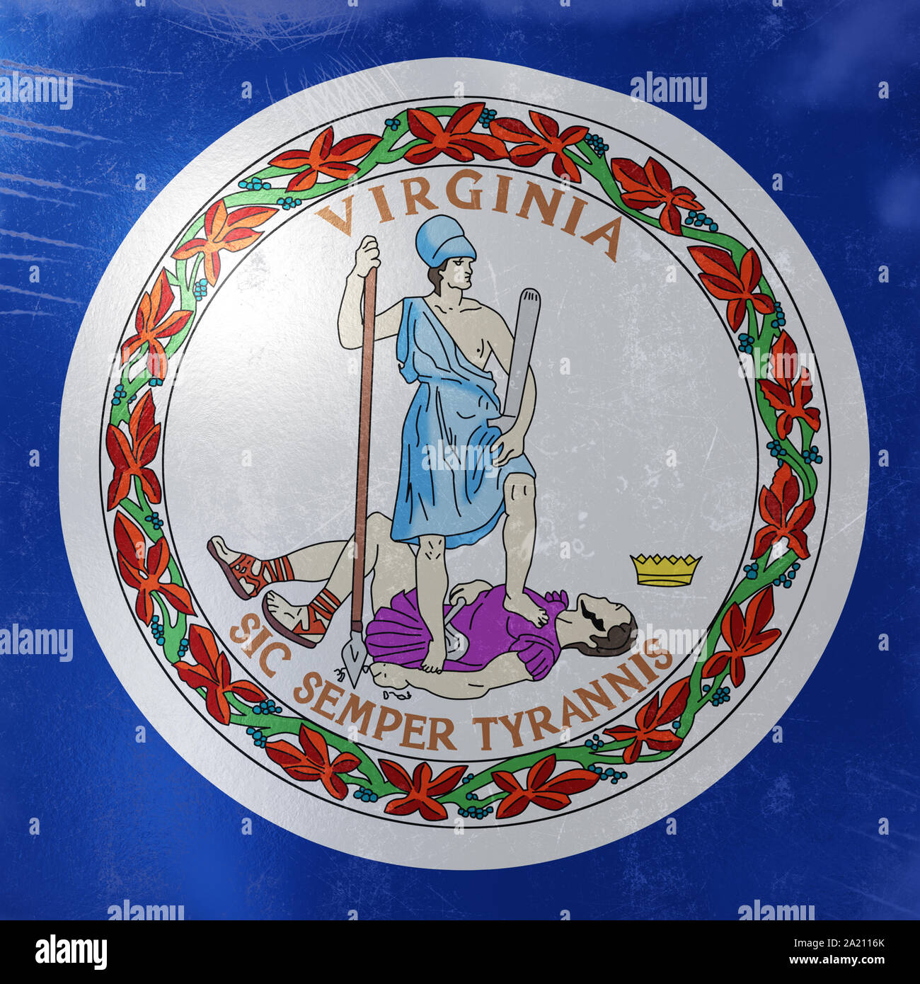 3d rendering of a rusty and old Virginia State flag on a metallic ...