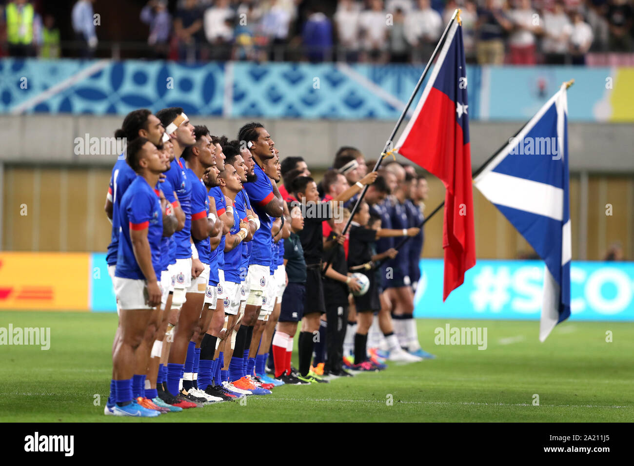 Scotland and Samoa players line up prior to kick-off during the 2019 ...