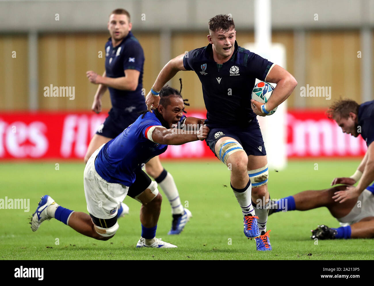 Samoa's TJ loane tackles Scotland's Jamie Ritchie during the 2019 Rugby ...