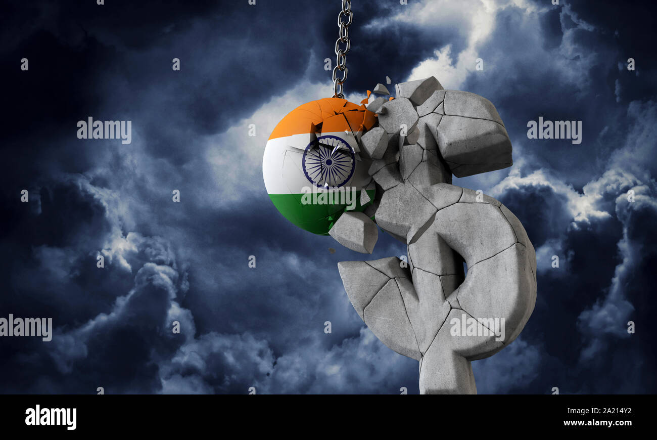 India flag ball smashing a USA dollar currency symbol. 3D Render Stock ...