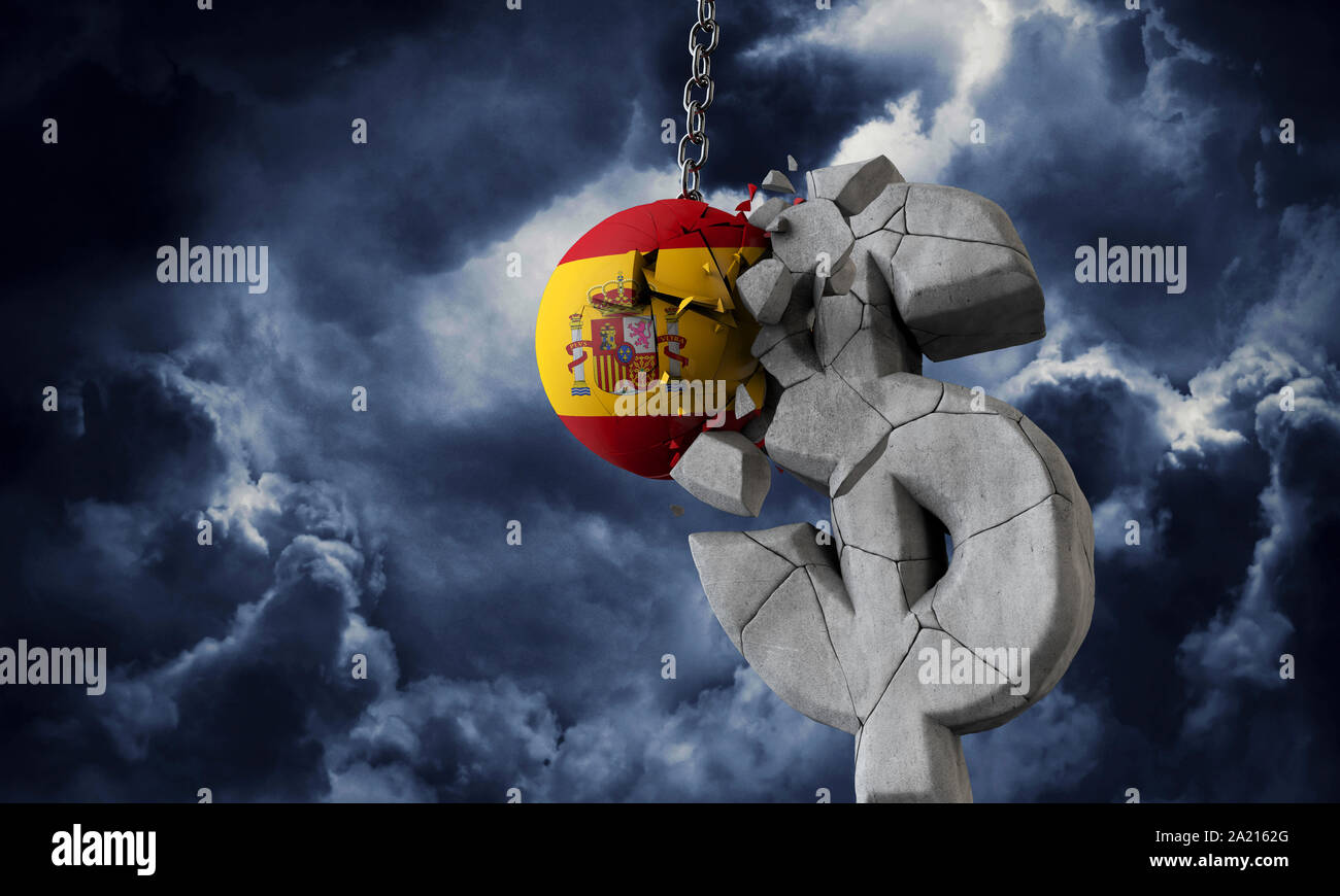Spain flag ball smashing a USA dollar currency symbol. 3D Render Stock ...
