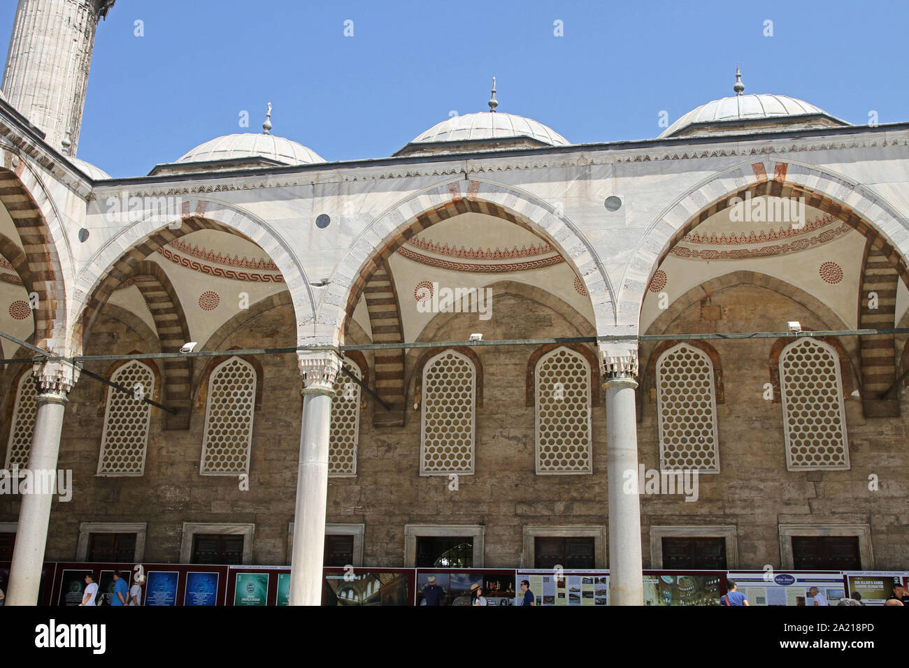 Corner of Blue Mosque Courtyard, gallery arches and domes, Fatih ...