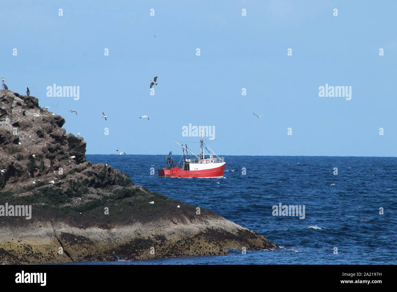 Red fishing boat on sea Stock Photo - Alamy