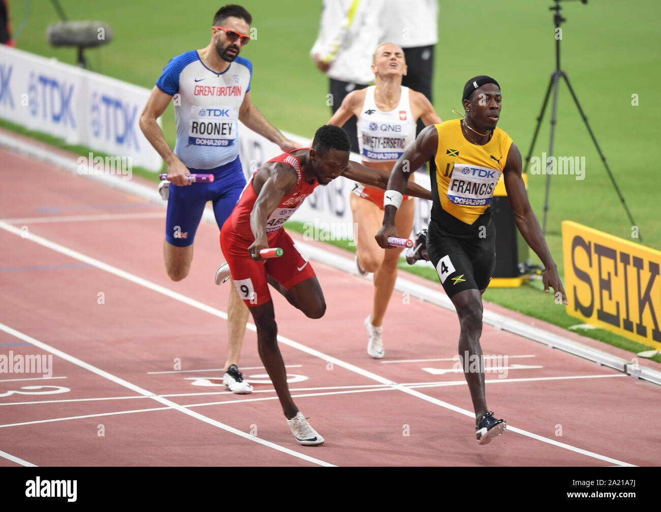 Jamaica, Bahrein, Poland, Great Britain at the finish line. 4x400 ...