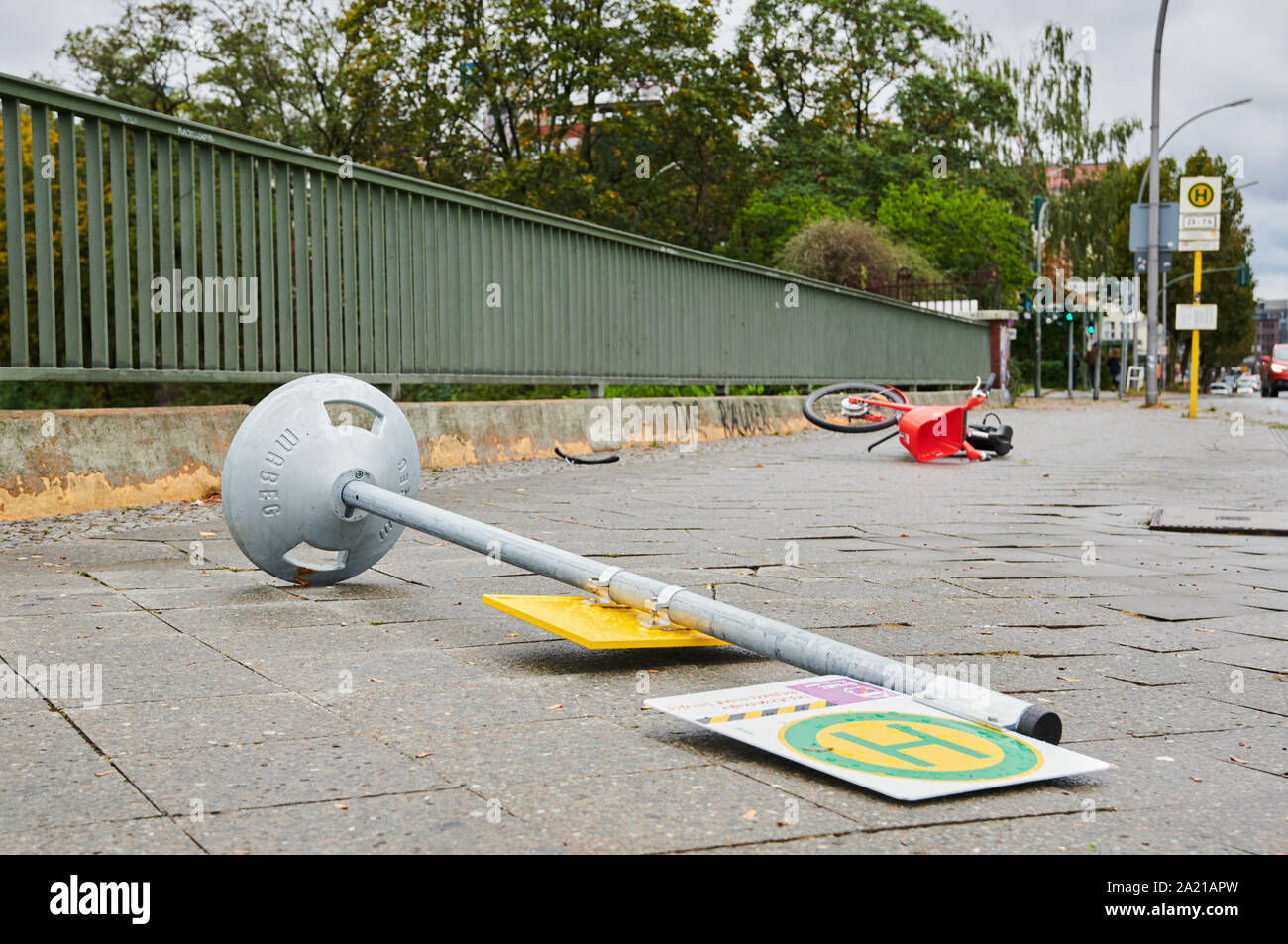 Berlin, Germany. 30th Sep, 2019. A bus stop sign is overturned by the ...