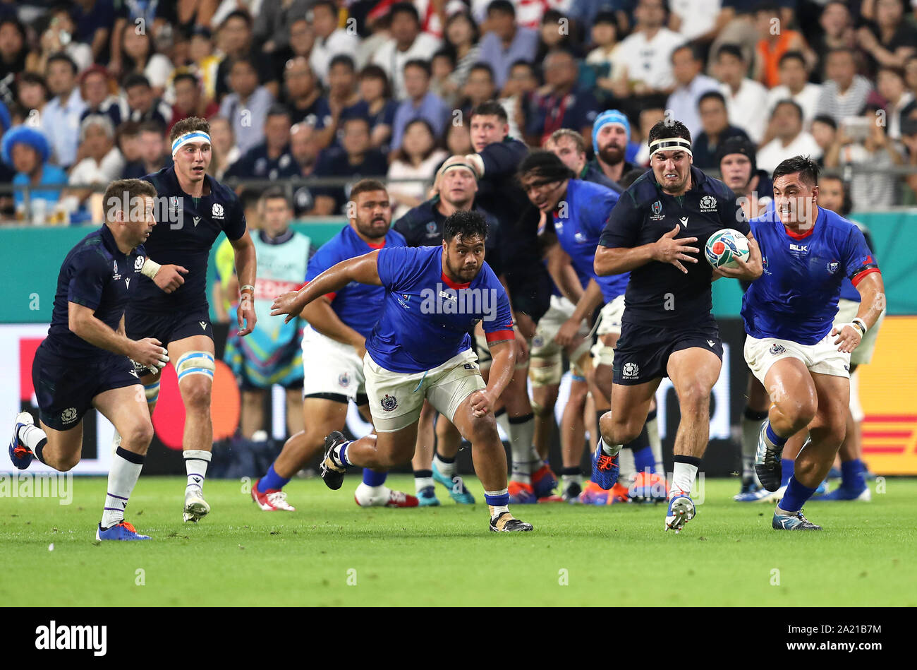 Scotland's Stuart McInally (second right) makes a break during the 2019 ...
