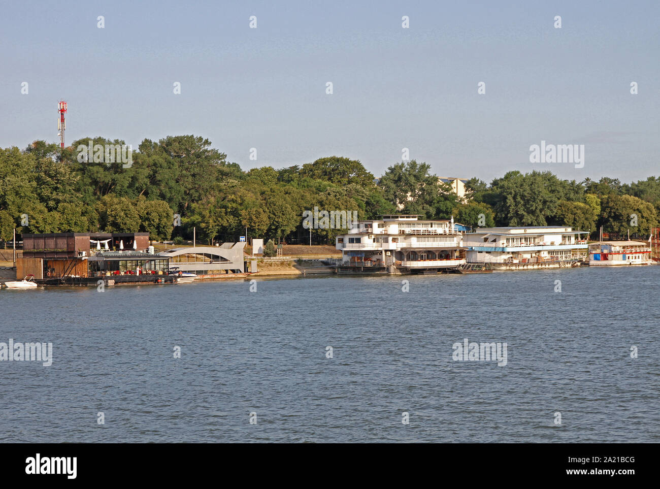 Floating restaurant and bar boats as seen on Sava River, Belgrade ...