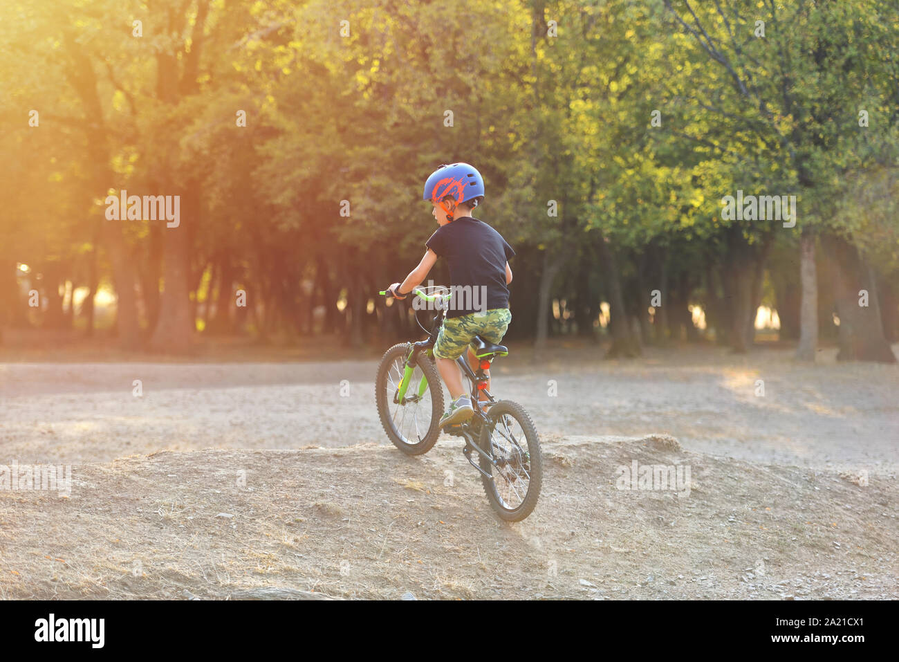 Happy kid boy of 7 years having fun in autumn park with a bicycle on ...