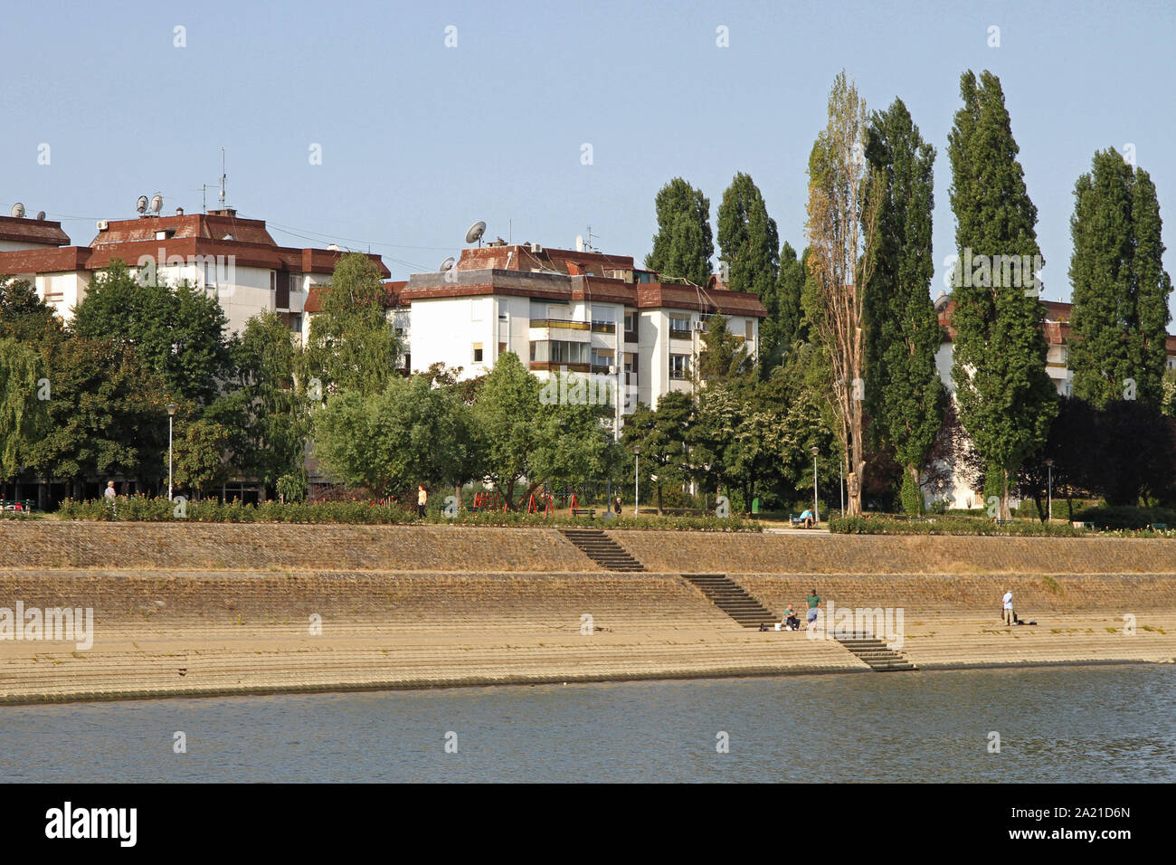 Residential apartments blocks as seen on the bank of the Danube River ...
