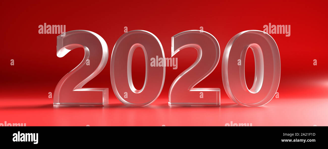 2020 new year, glass texture against red color curved background ...