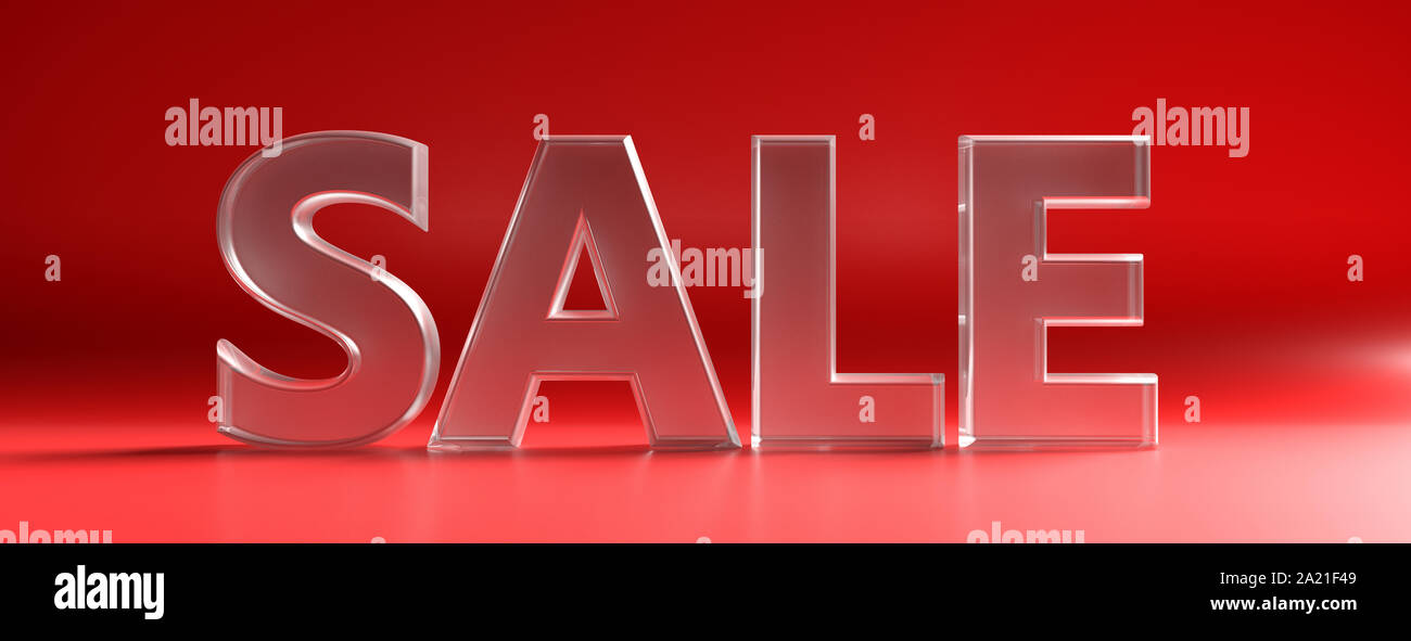 Sale text glass texture against red color curved background, banner. 3d ...