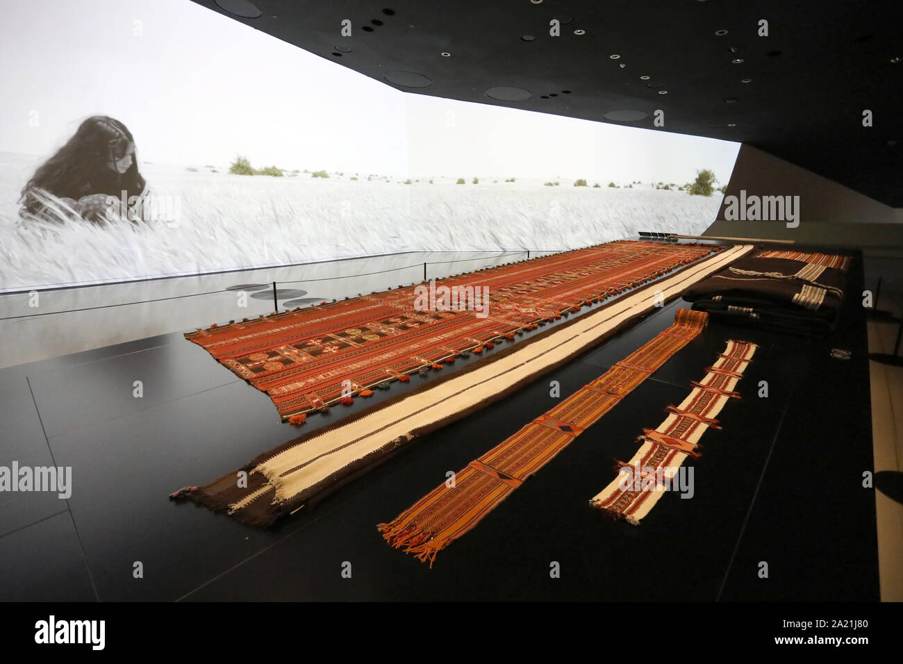 Doha / Qatar – September 30, 2019: Colourful woven sadu rugs on display ...