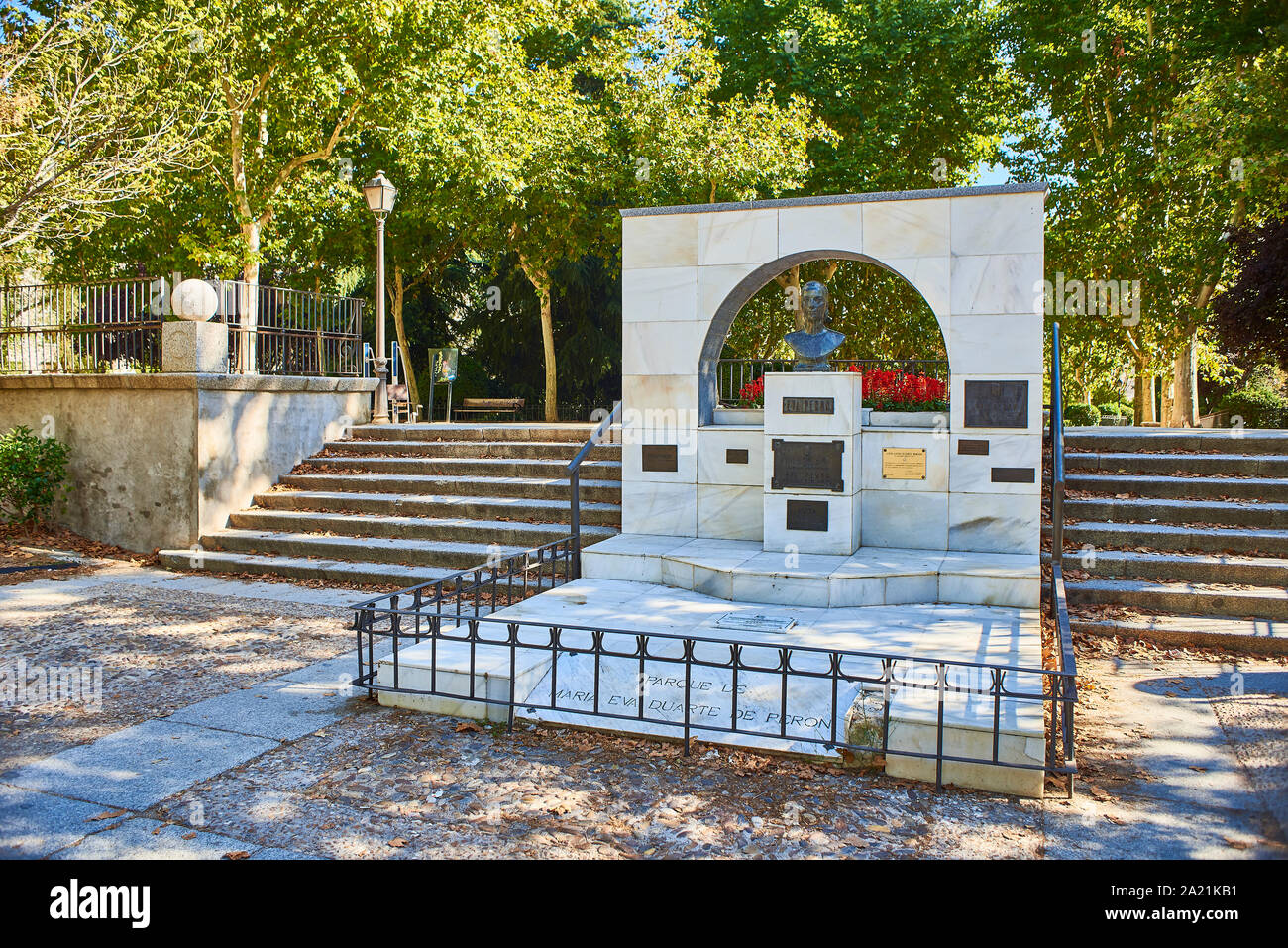 Madrid, Spain - September 27, 2019. Statue of Eva Peron in the Maria ...