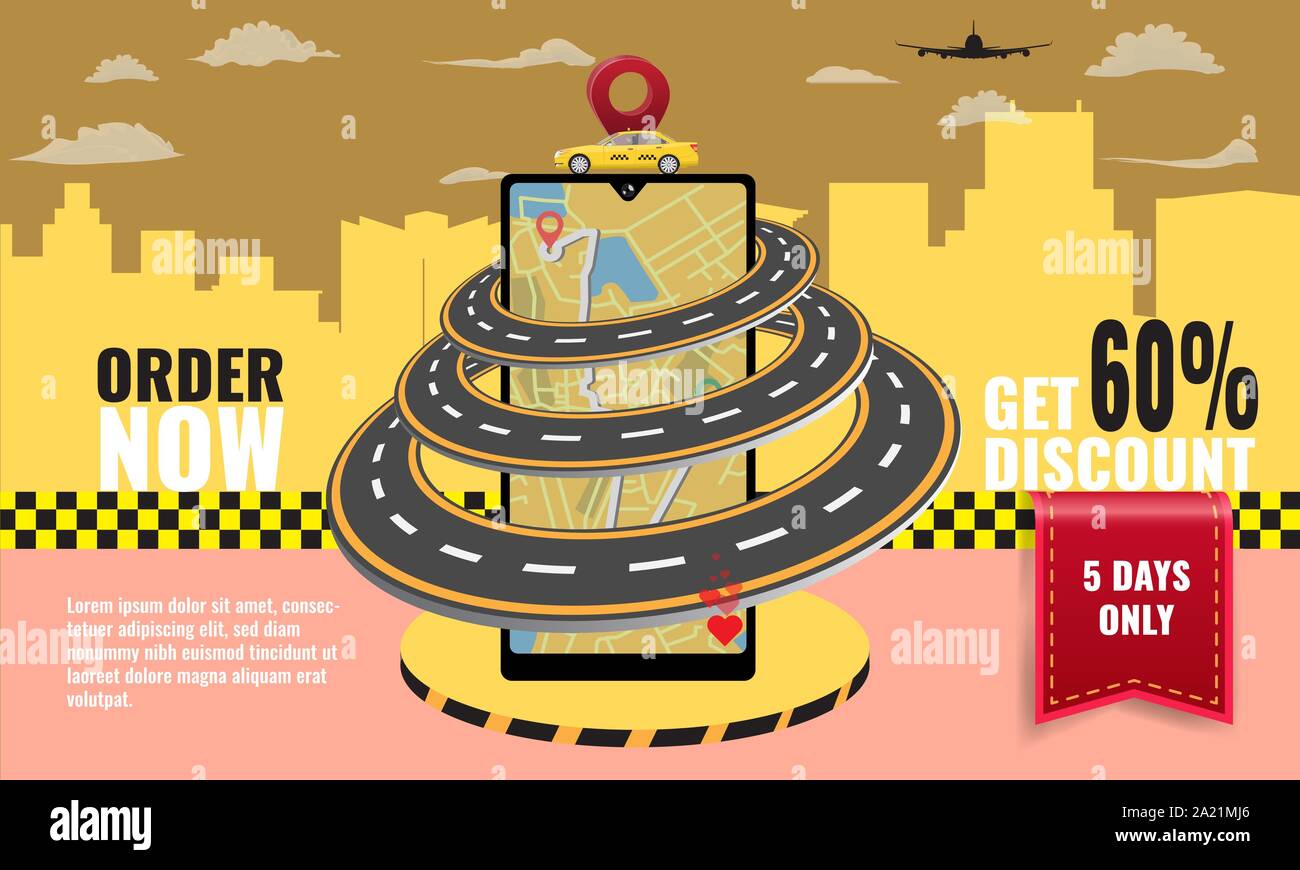 Taxi concept infographic or mobile app with road and taxi cabs with ...