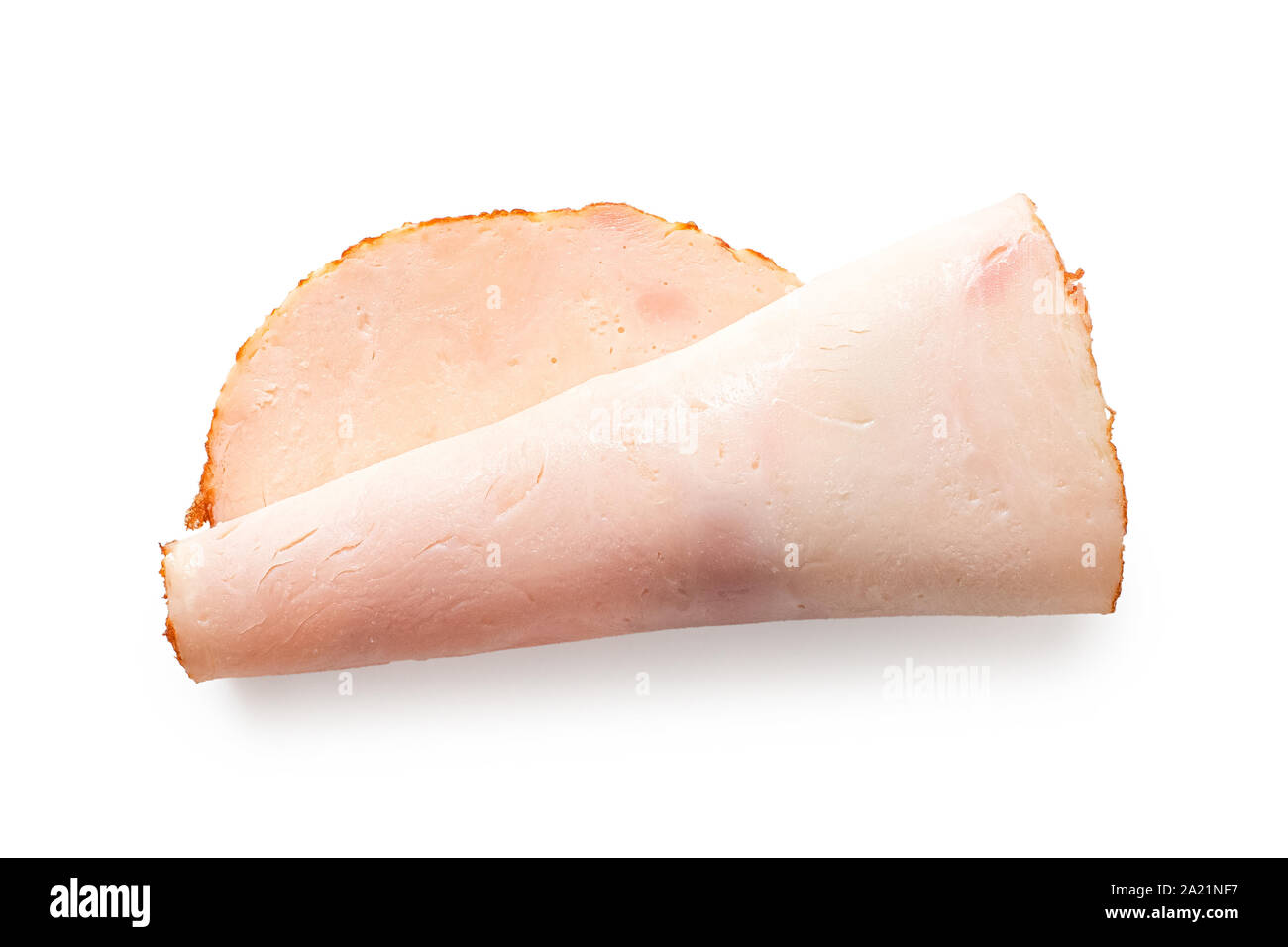 A folded single slice of chicken ham isolated on white. Top view Stock ...