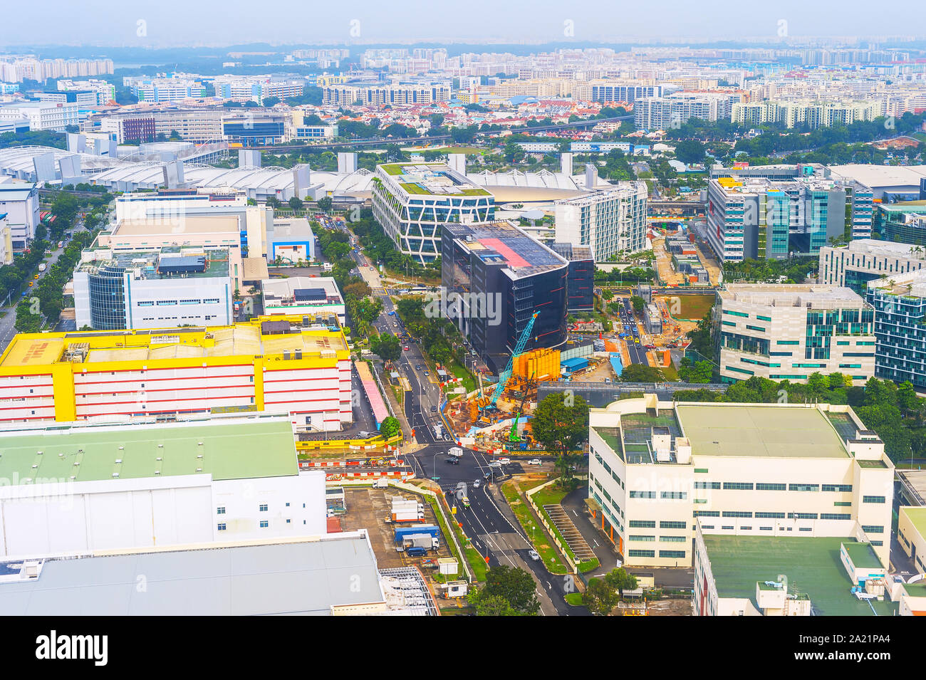 Aerial view of Singapore. Road, business centers, construction site ...