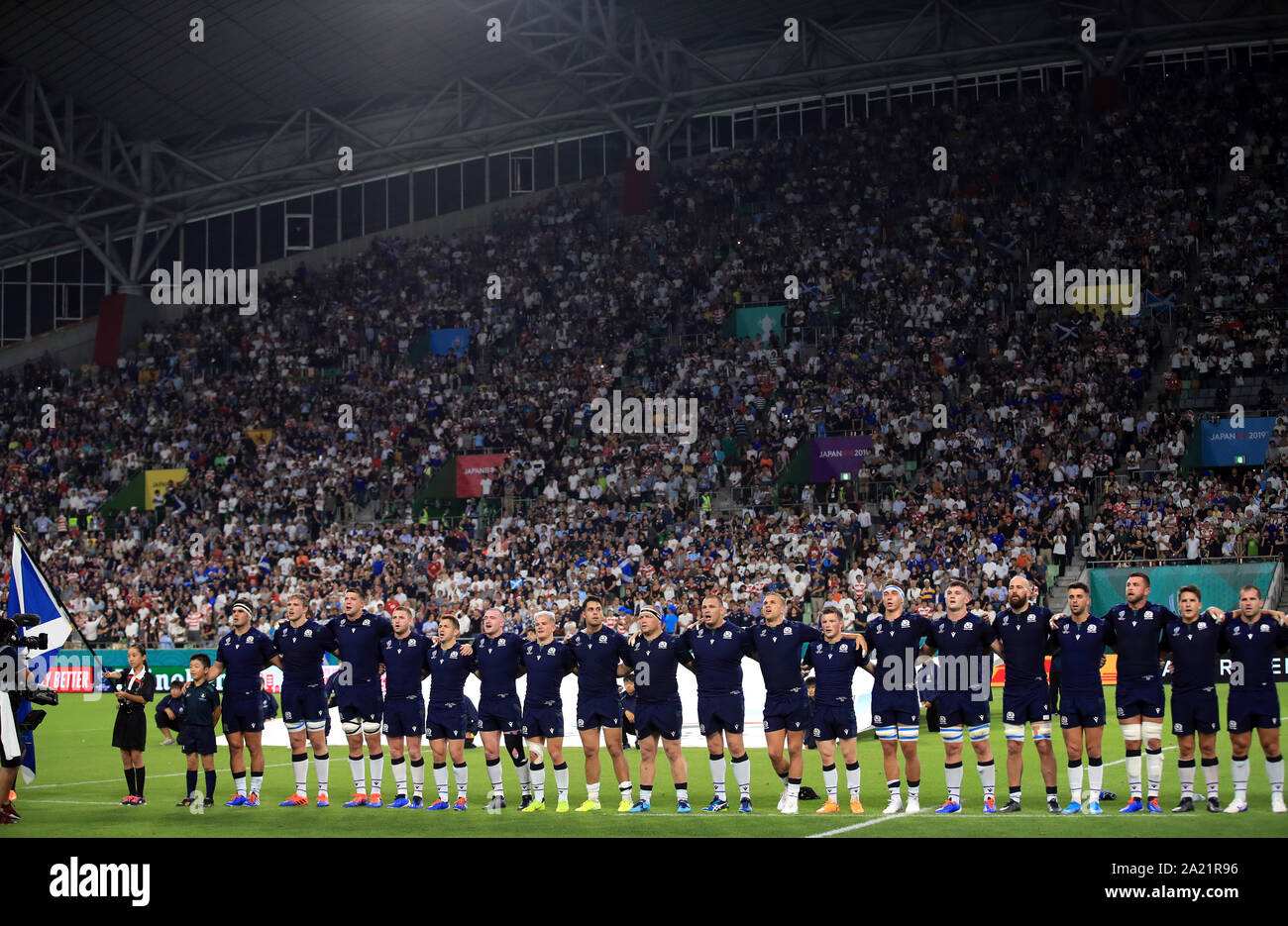 Scotland line up for the national anthem before the 2019 Rugby World ...