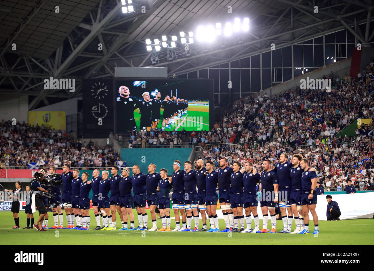 Scotland line up for the national anthem before the 2019 Rugby World ...