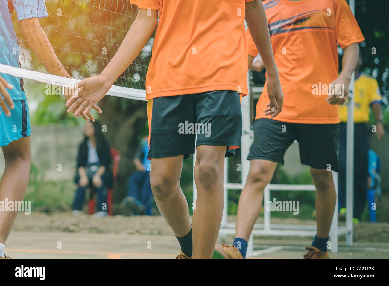Students playing traditional asian sport game sepak takraw in school ...
