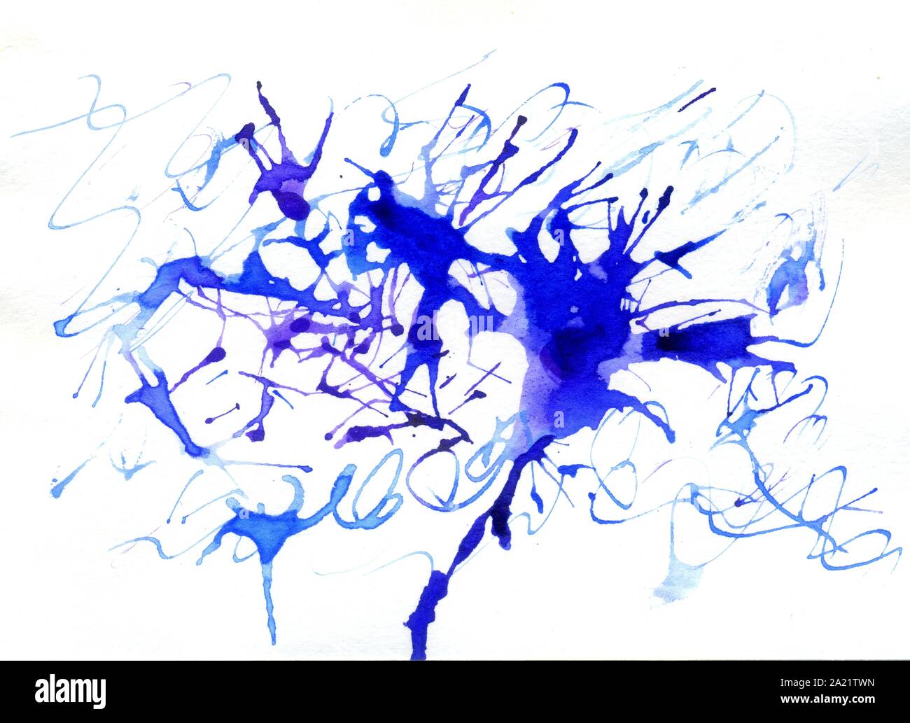 Abstract blue dried ink splashes or inkblots on white paper Stock Photo ...