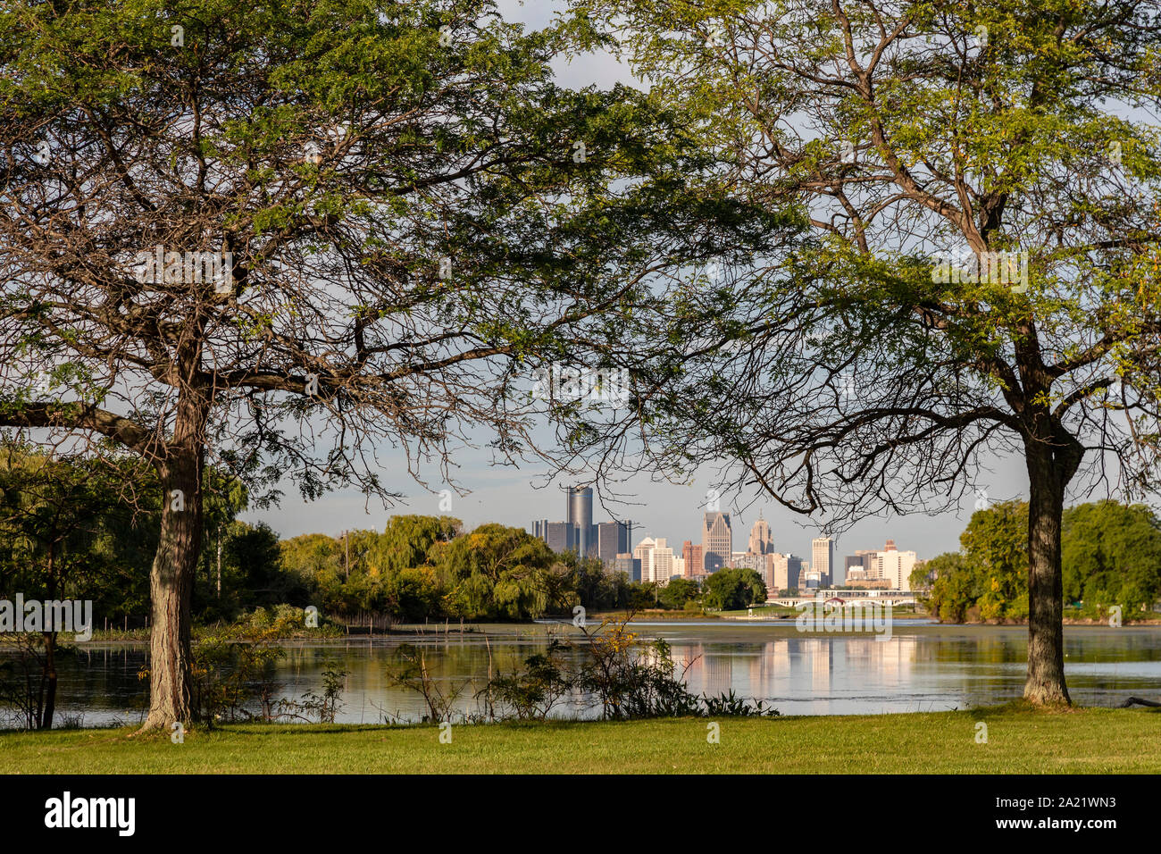 Detroit, Michigan - Downtown Detroit, across Lake Muskoday on Belle ...