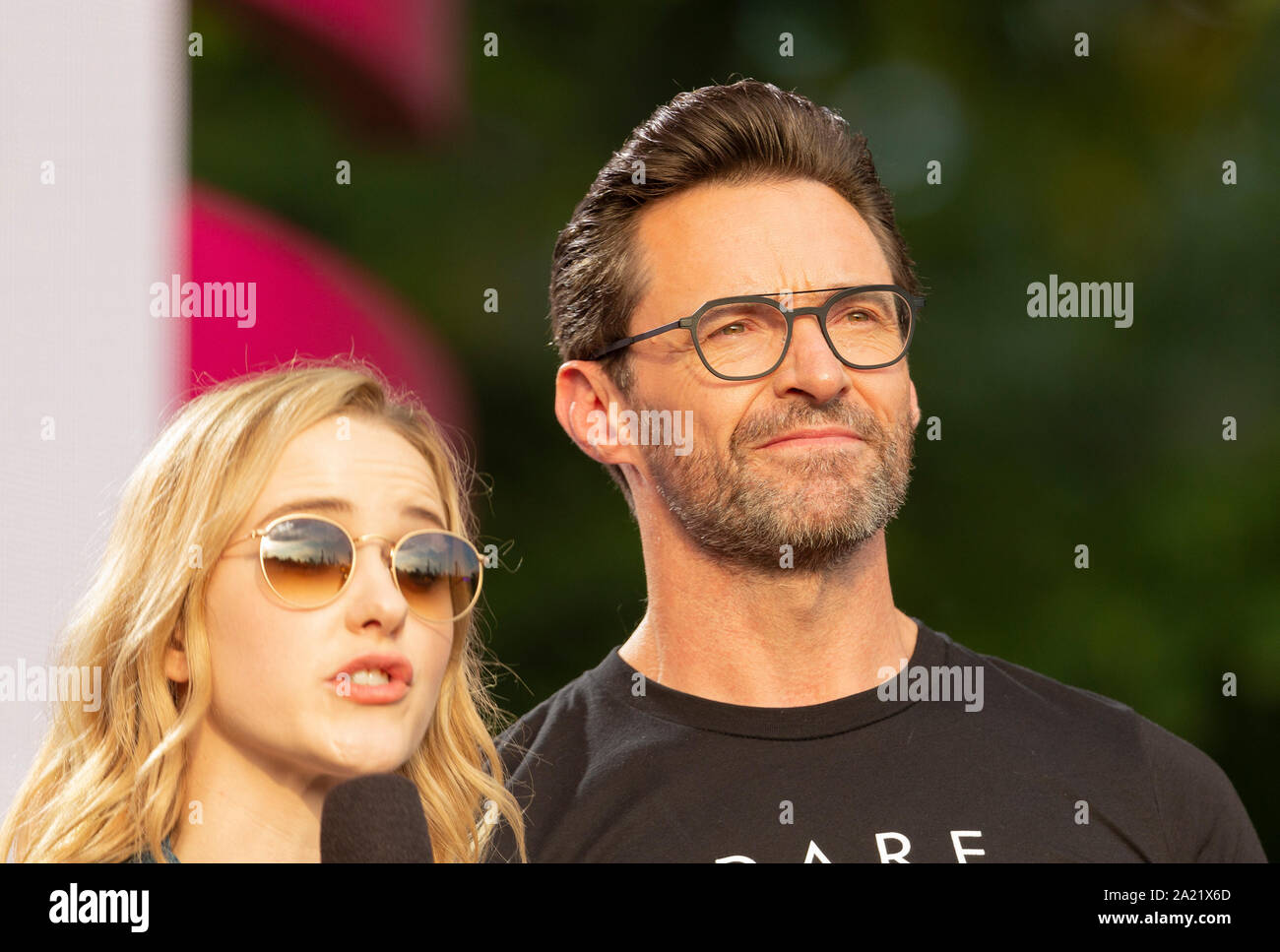 Rachel Brosnahan and Hugh Jackman speak on stage during 2019 Global ...