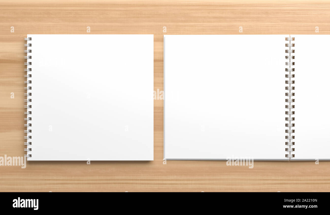 Realistic spiral binder square notebook mock up isolated on wooden ...