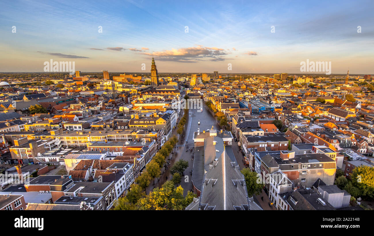 Aerial Skyline view of historic Groningen city centre at Vismarkt area ...