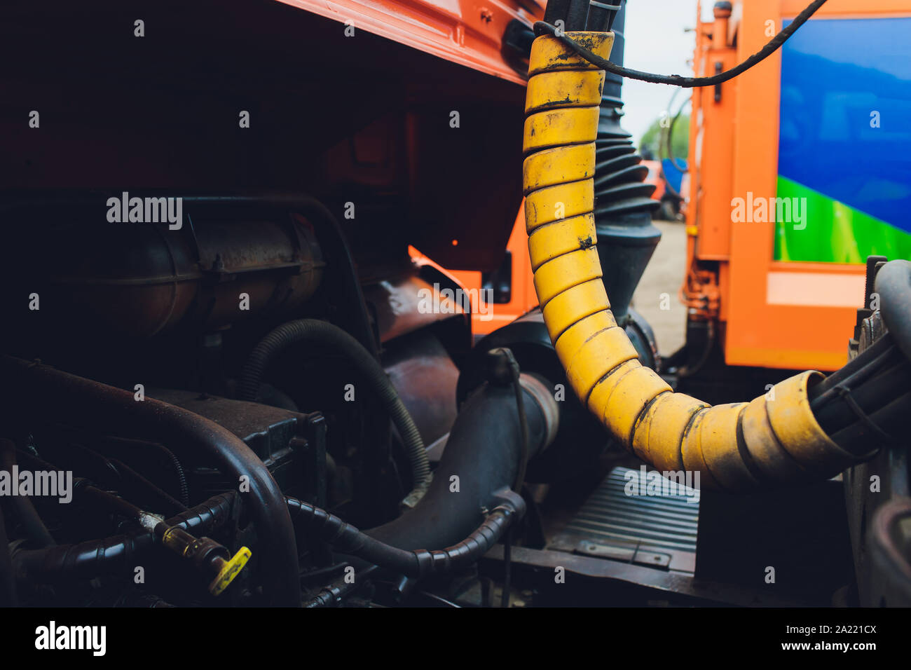 Recycling truck picking up bin - Horizontal garbage press Stock Photo ...
