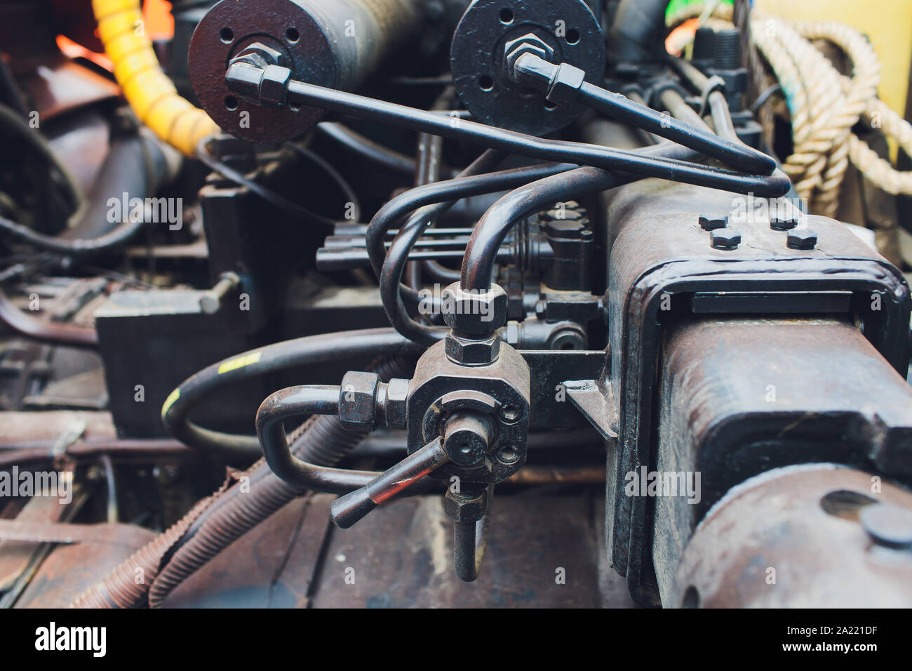 Recycling truck picking up bin - Horizontal garbage press Stock Photo ...