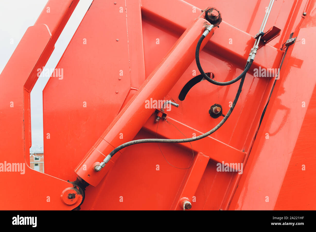 Recycling truck picking up bin - Horizontal garbage press Stock Photo ...